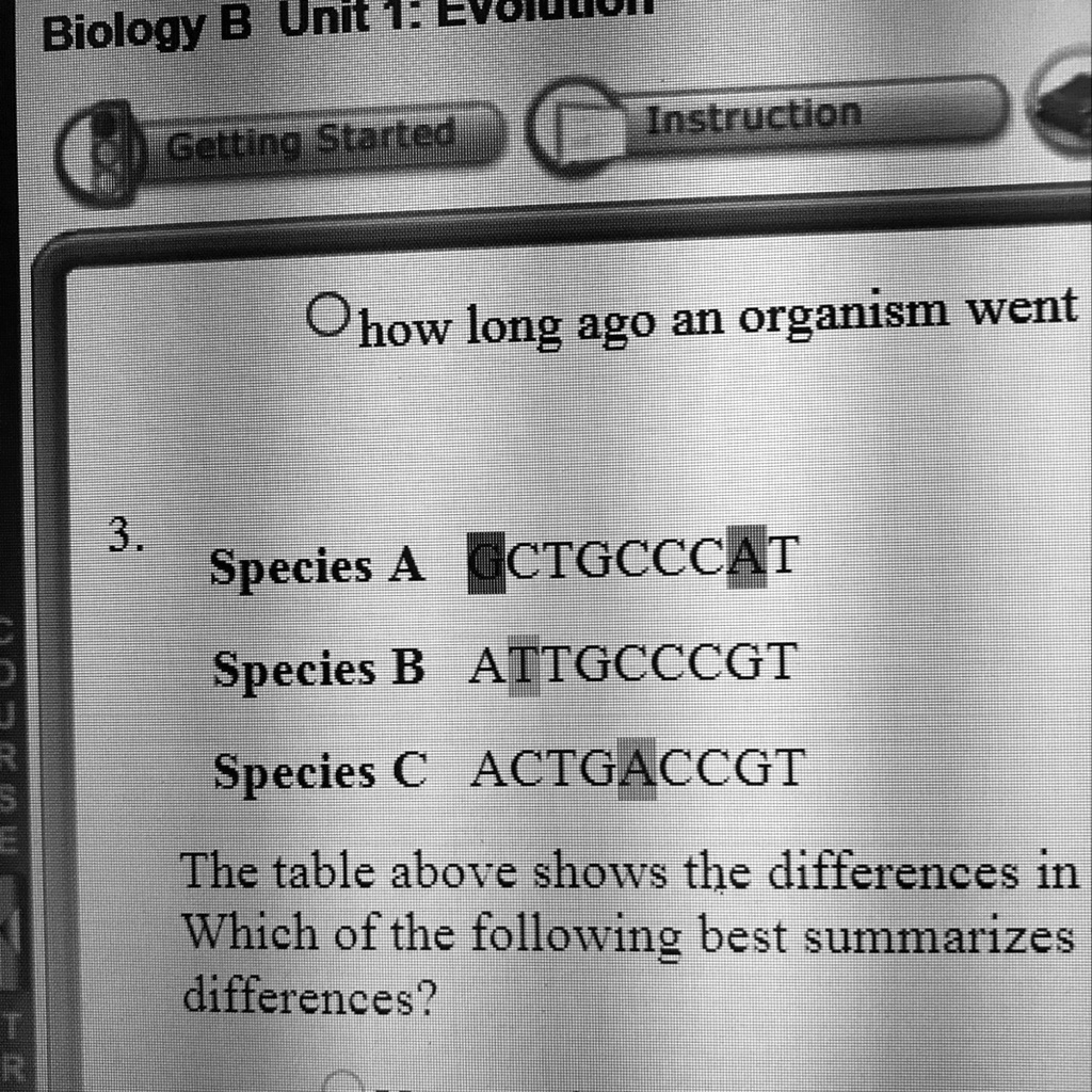 Biology B Unit 1: Getting Started Instruction Ohow long ago an organism ...
