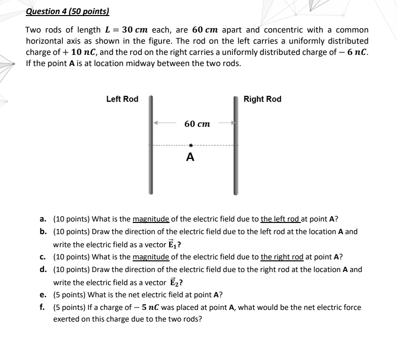 SOLVED: Question 4 (50 points) Two rods of length L =30 cm each, are 60 cm apart and concentric ...