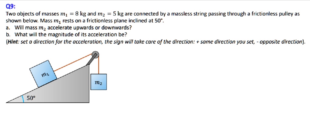 Q9: Two objects of masses m1 = 8 kg and m2 = 5 kg are connected by a massless string passing ...