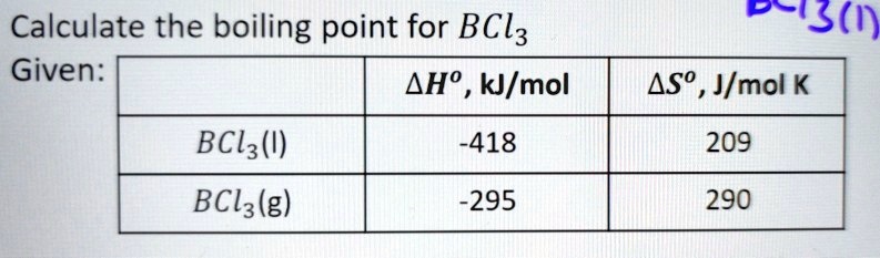 Calculate the boiling point for BCl3. Given: AH' = 418 kJ/mol ASo = 209 ...