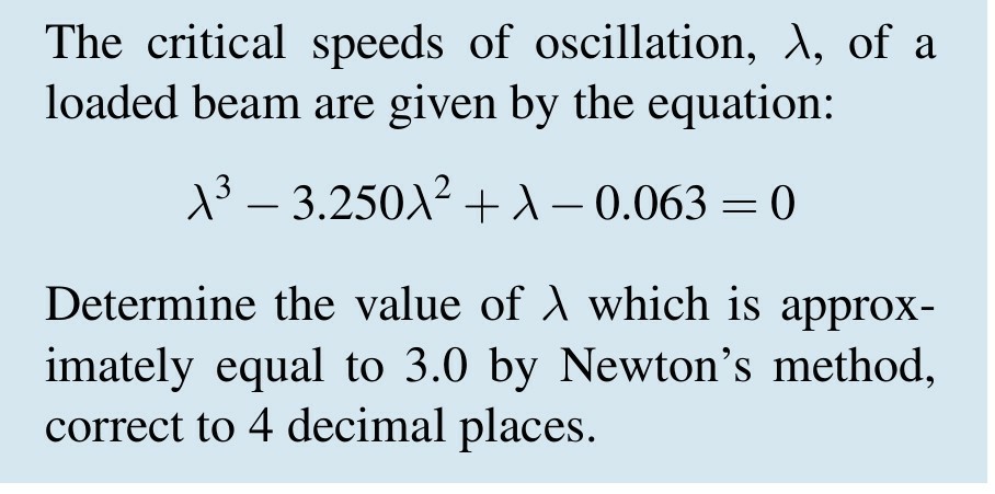 The critical speeds of oscillation, λ, of a loaded beam are given by the equation: λ^3-3.250 λ^2 ...