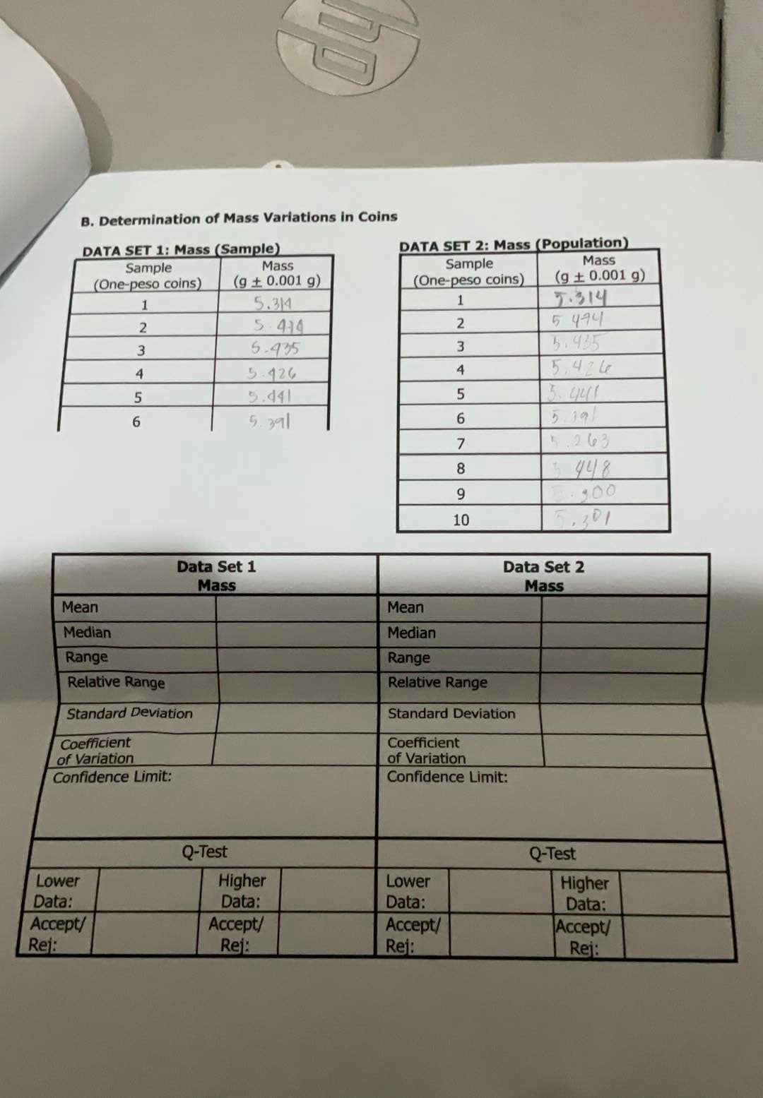 B. Determination of Mass Variations in Coins DATA SET 1: Mass (Sample ...