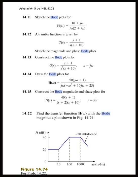 Circuit Asignacion 5 De Inel 4102 1411 Sketch The Bode Plots For 10j H Jw2j 1412 A Transfer 