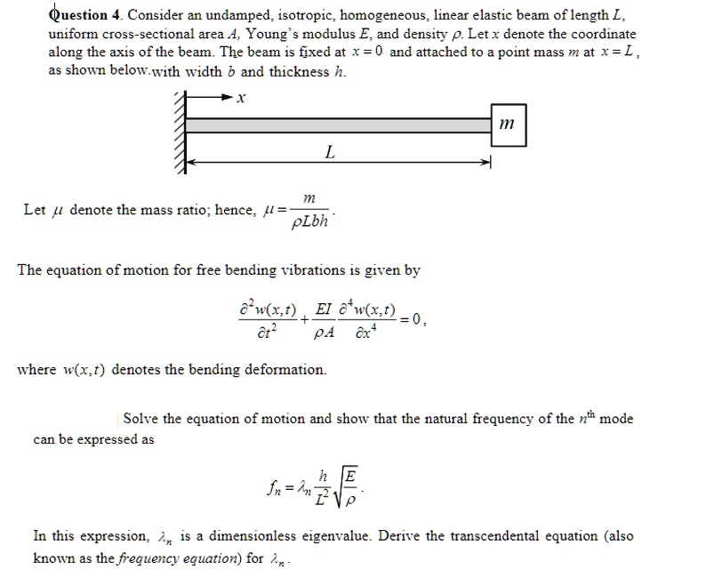 SOLVED: Question 4. Consider an undamped, isotropic, homogeneous, linear elastic beam of length ...