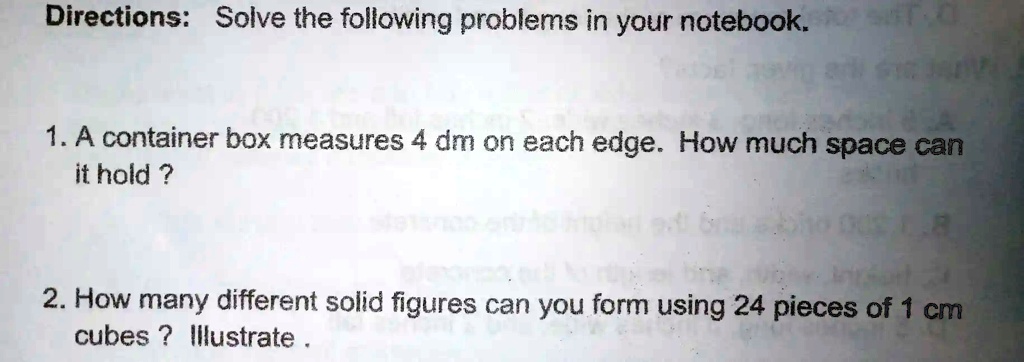 Directions: Solve the following problems in your notebook. 1. A ...