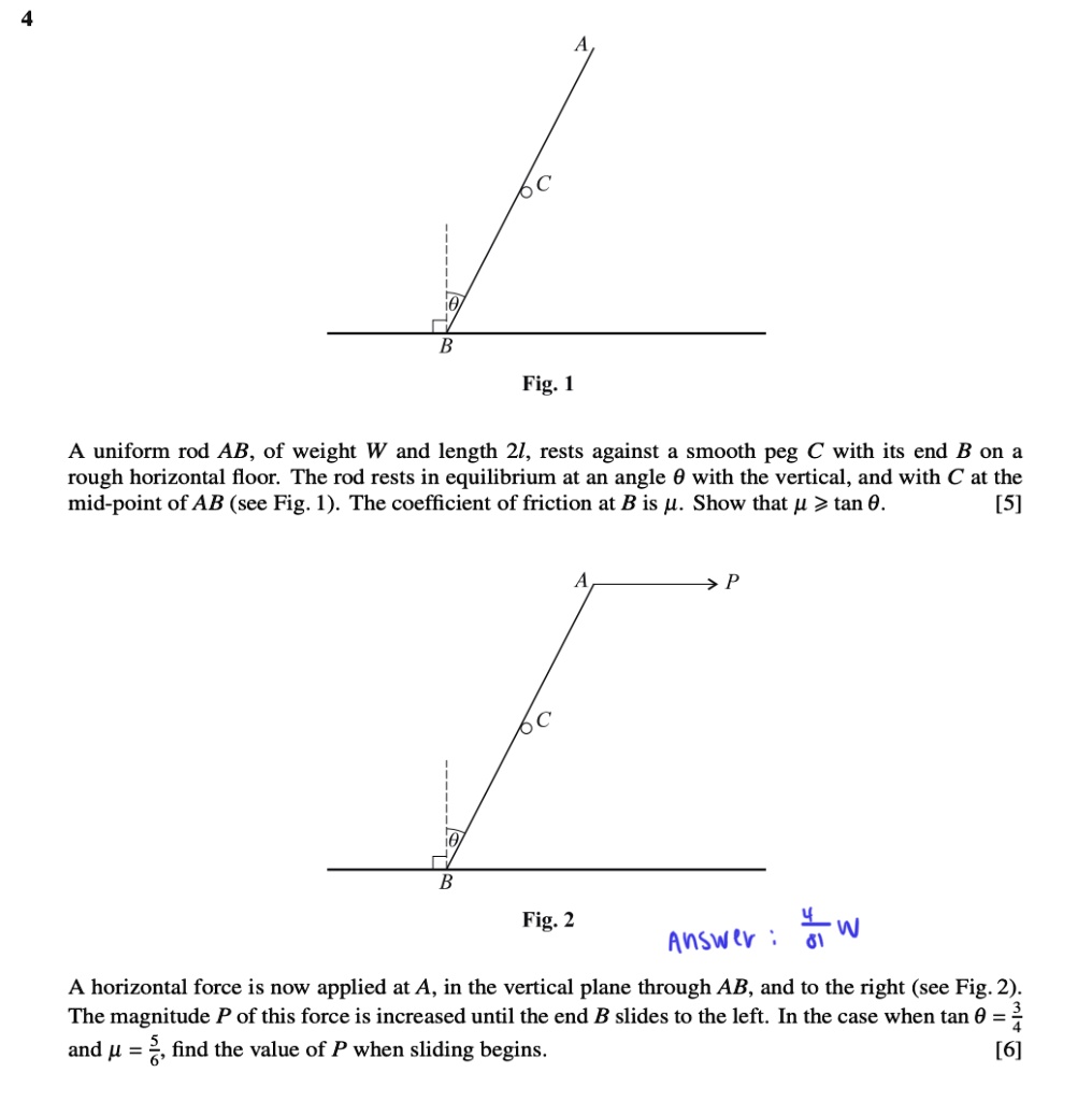 SOLVED: A uniform rod AB, of weight W and length 2L, rests against a smooth peg C with its end B ...