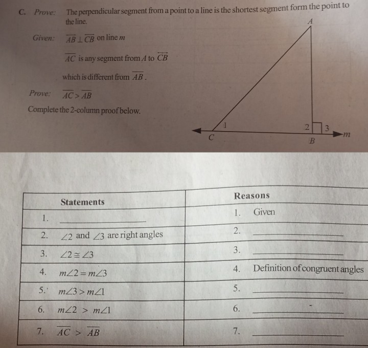 SOLVED: C. Prove: The perpendicular segment from a point to a line is ...