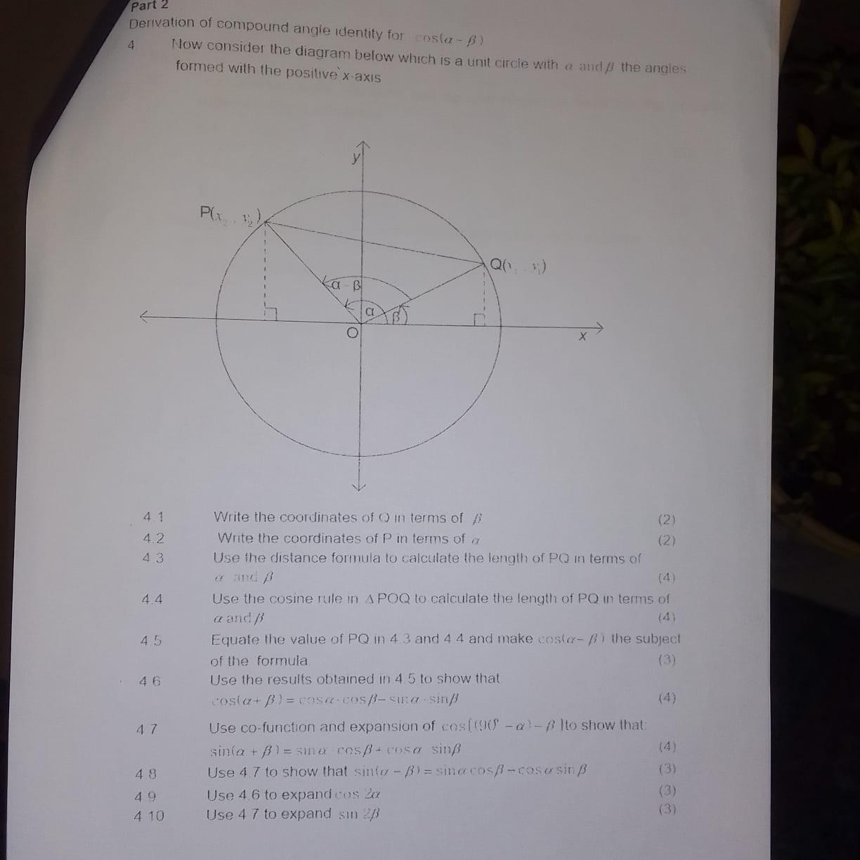 SOLVED: part 2 Dervation of compound angle identity for cos (α-β) 4 Now ...