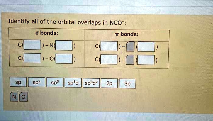 identify all of the orbital overlaps in nco bonds t bonds sp sp sp spd ...