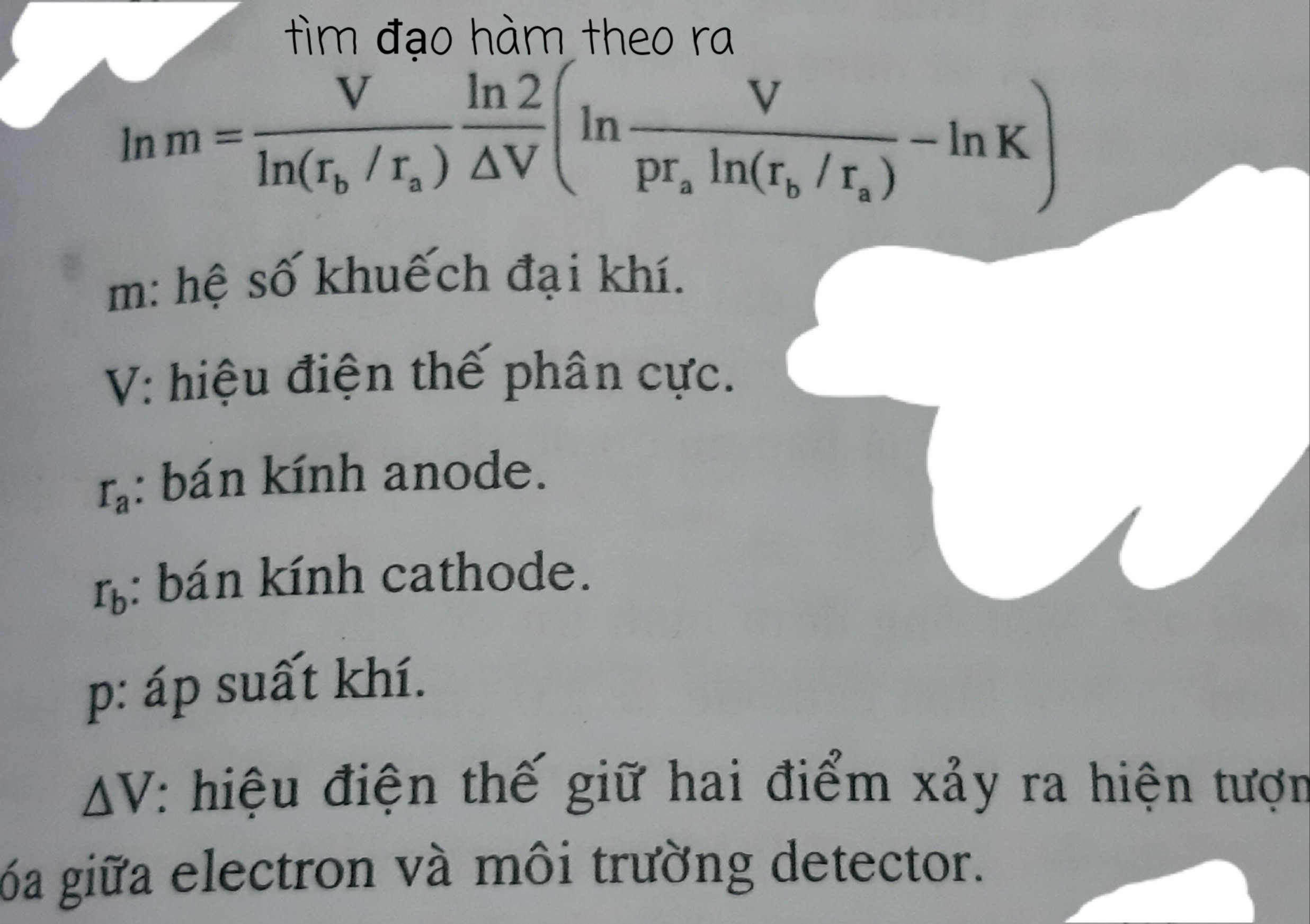 SOLVED: tìm ??o hàm theo ra lnm=(V)/(ln(rb / ra))(ln 2)/(ΔV)(ln(V)/(praln(rb / ra))-lnK) m: h? s ...