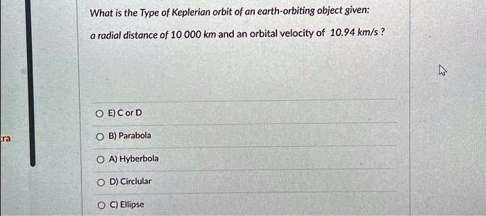 SOLVED: What is the type of Keplerian orbit of an earth-orbiting object given a radial distance ...