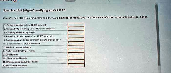 SOLVED: Texts: Exercise 18-4 Algo Classifying costs LO C1 Classify each ... SOLVED: Texts: Exercise 18-4 Algo Classifying costs LO C1 Classify each ...