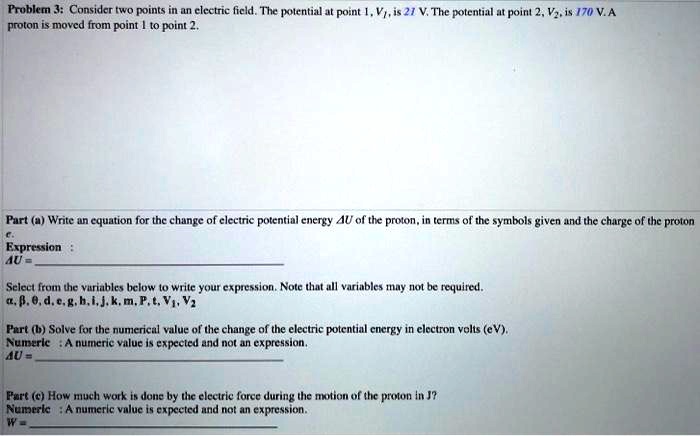 SOLVED: Problem 3: Consider two points in an electric field. The potential at point 1, Vâ‚ , is ...