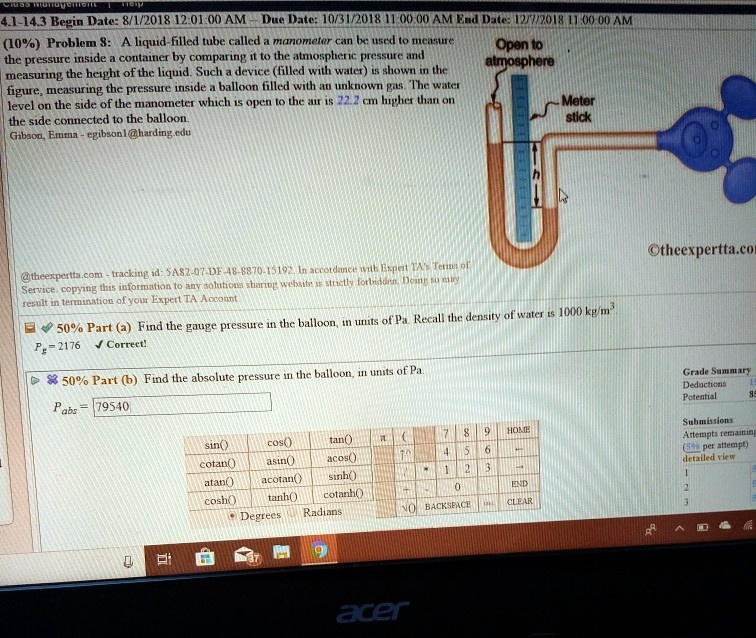 10problem 8a liquid filled tube called a manometer can be used to measure open to the pressure ...