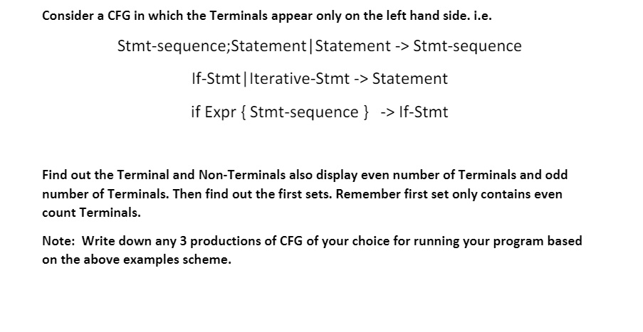 SOLVED: Consider a CFG in which the Terminals appear only on the left-hand side, i.e. Stmt ...