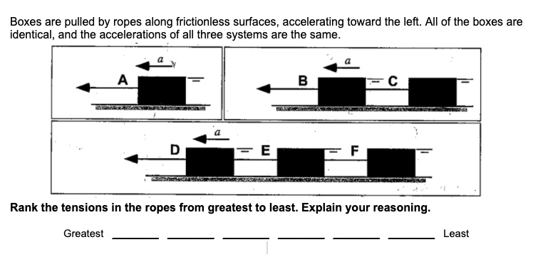 SOLVED: Boxes are pulled by ropes along frictionless surfaces, accelerating toward the left. All ...