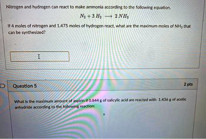 SOLVED: Nitrogen and hydrogen can react to make ammonia according to the following equation Nz ...