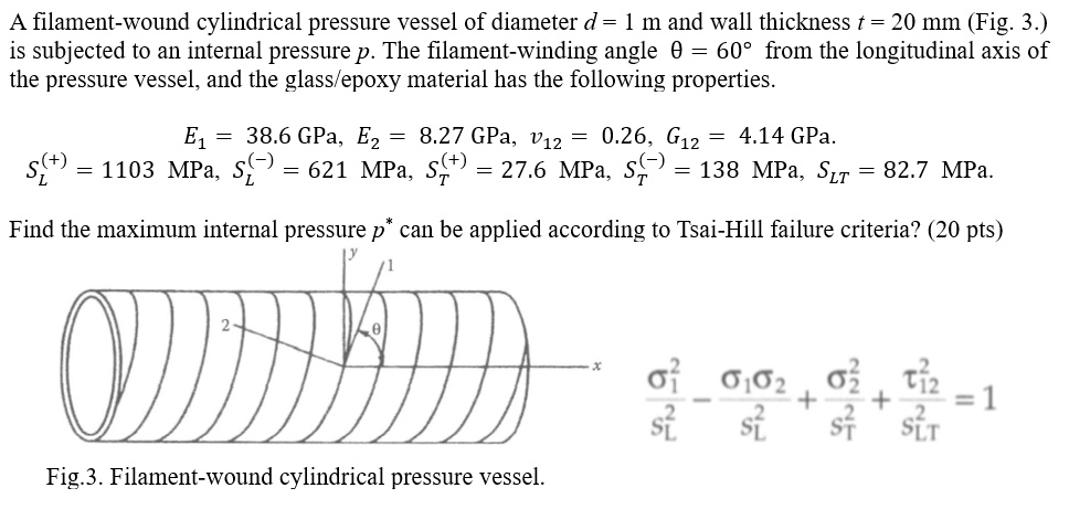 SOLVED: A filament-wound cylindrical pressure vessel of diameter d = 1 ...