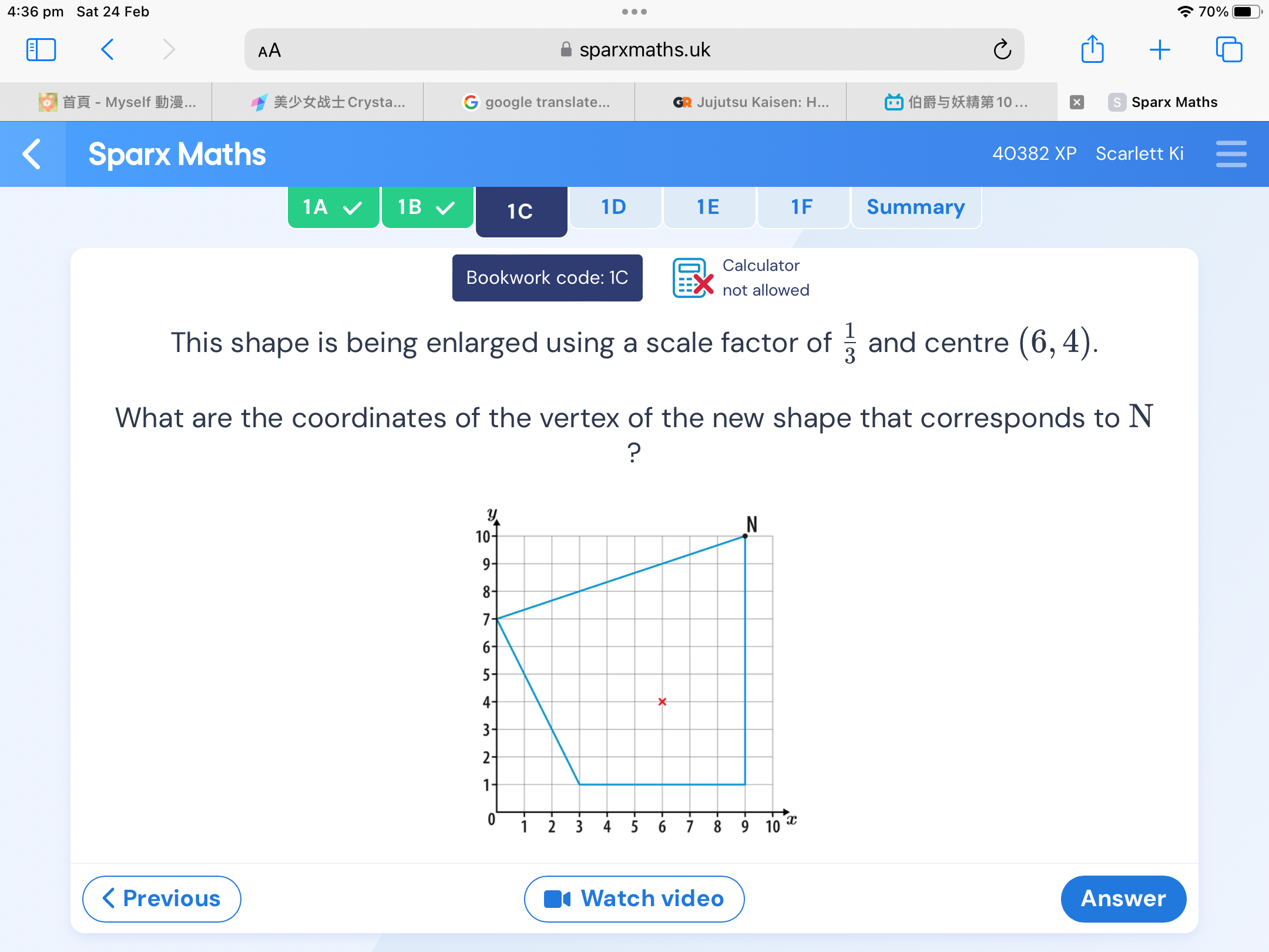 This shape is being enlarged using a scale factor of (1)/(3) and centre (6,4). What are the ...