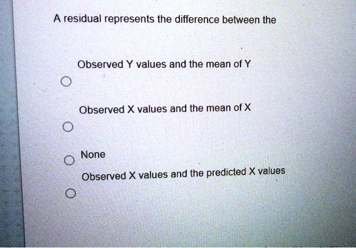 SOLVED: A residual represents the difference between the Observed Y values and the mean of Y ...