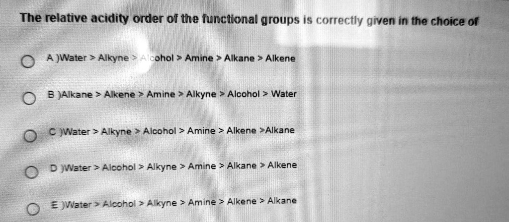SOLVED:The relative acidity order of the functional groups is correctly ...