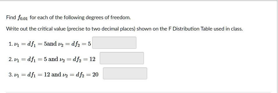 SOLVED: Find f0.01 for each of the following degrees of freedom: Write out the critical value ...