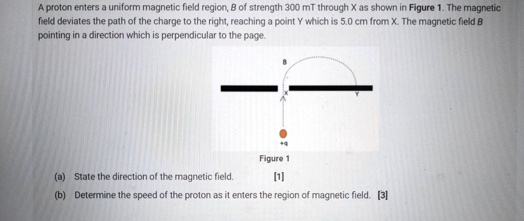 a proton enters a uniform magnetic field region b of strength 300 mt ...