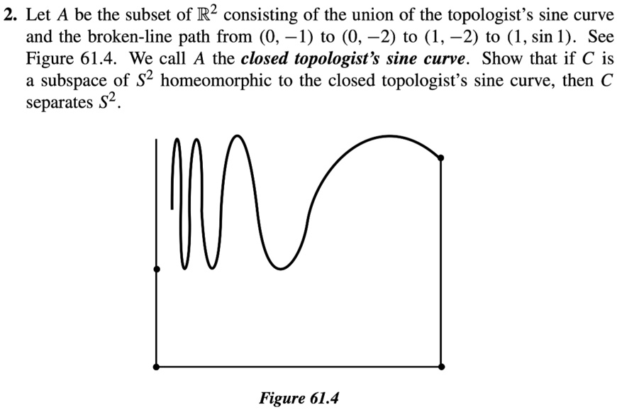 2. Let A be the subset of ℝ^2 consisting of the union of the topologist's sine curve and the ...