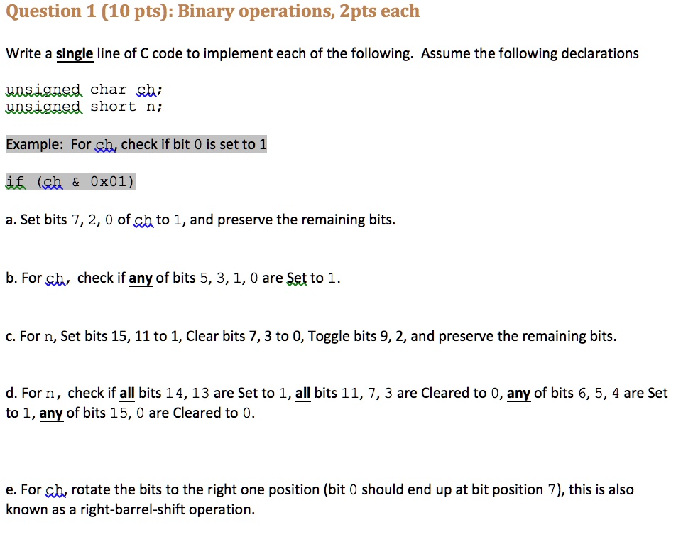 Question 1 (10 pts): Binary operations, 2pts each Write a single line ...