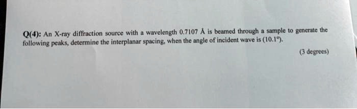 SOLVED: Q4: An X-ray diffraction source with a wavelength of 0.7107 Ã… is beamed through a ...
