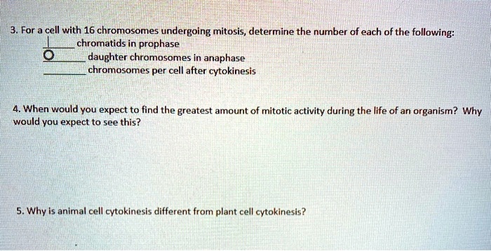 SOLVED: 3. For cell with 16 chromosomes undergoing mitosis, determine ...