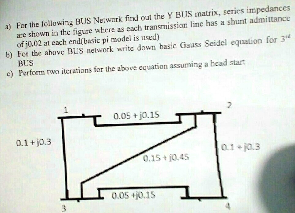 a) For the following BUS Network find out the Y BUS matrix, series impedances are shown in the ...