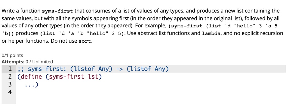 Write a function syms-first that consumes of a list of values of any ...