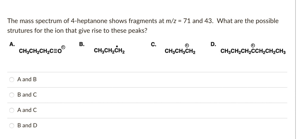 SOLVED: The mass spectrum of 4-heptanone shows fragments at m/z = 71 and 43. What are the ...