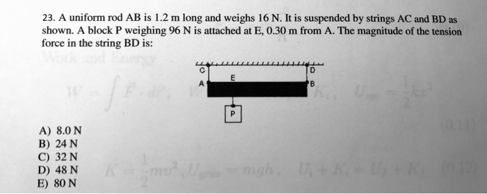 A uniform rod AB is 1.2 m long and weighs 16 N. It is suspended by strings AC and BD as shown. A ...