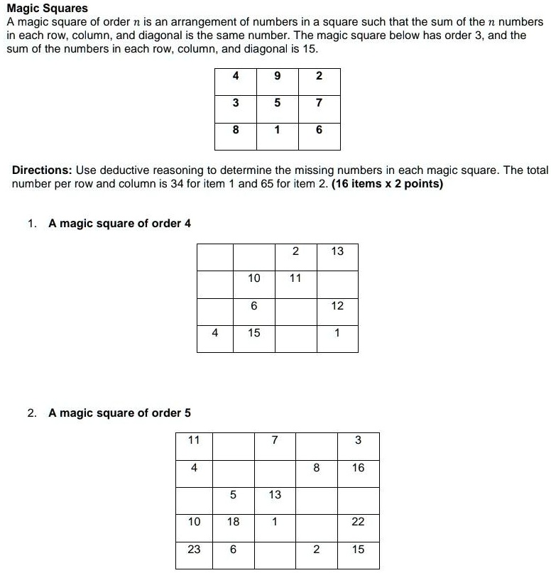 magic squares a magic square of order n is an arrangement of numbers in a square such that the ...