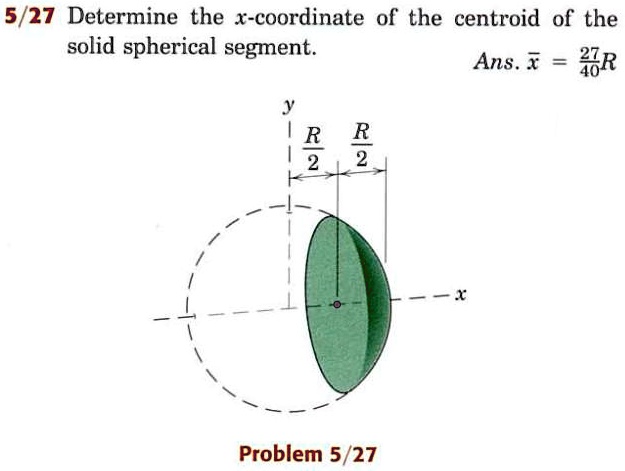 SOLVED: Determine the x-coordinate of the centroid of the solid spherical segment. Ans. x = 27R ...