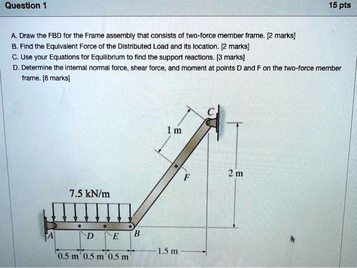 SOLVED: Question1 15pts A.Draw the FBD for the Frame assembly that consists of two-force member ...