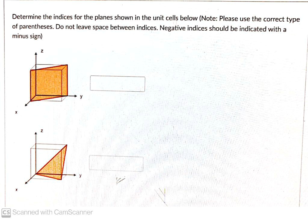 Determine the indices for the planes shown in the unit cells below ...