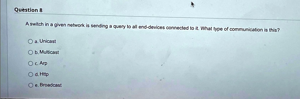 SOLVED: Question 8 A switch in a given network is sending a query to all end-devices connected ...