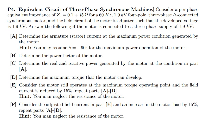 p4 equivalent circuit of three phase synchronous machines consider a per phase equivalent ...