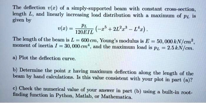 The deflection v(x) of a simply-supported beam with constant cross-section, length L, and ...