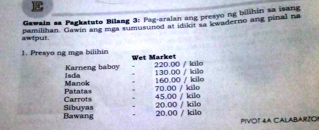 SOLVED: Gawain sa Pagkatuto Bilang 3: Pag-aralan ang presyo ng bilihin ...