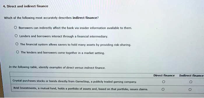 4. Direct and indirect finance Which of the following most...