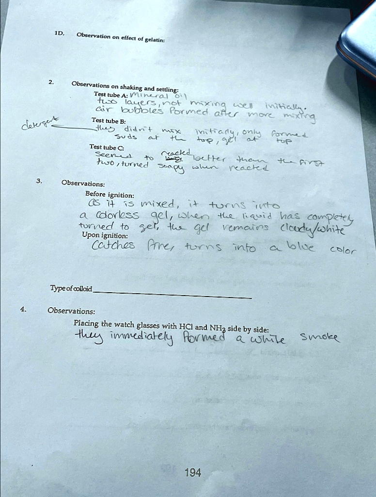 1d observation on effect of gelatin 2 observations on shaking and ...