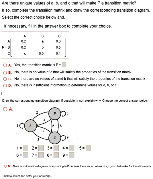 SOLVED: Are Ihere unique values of a and that will make P a Iransilion malrix? If so, complete ...