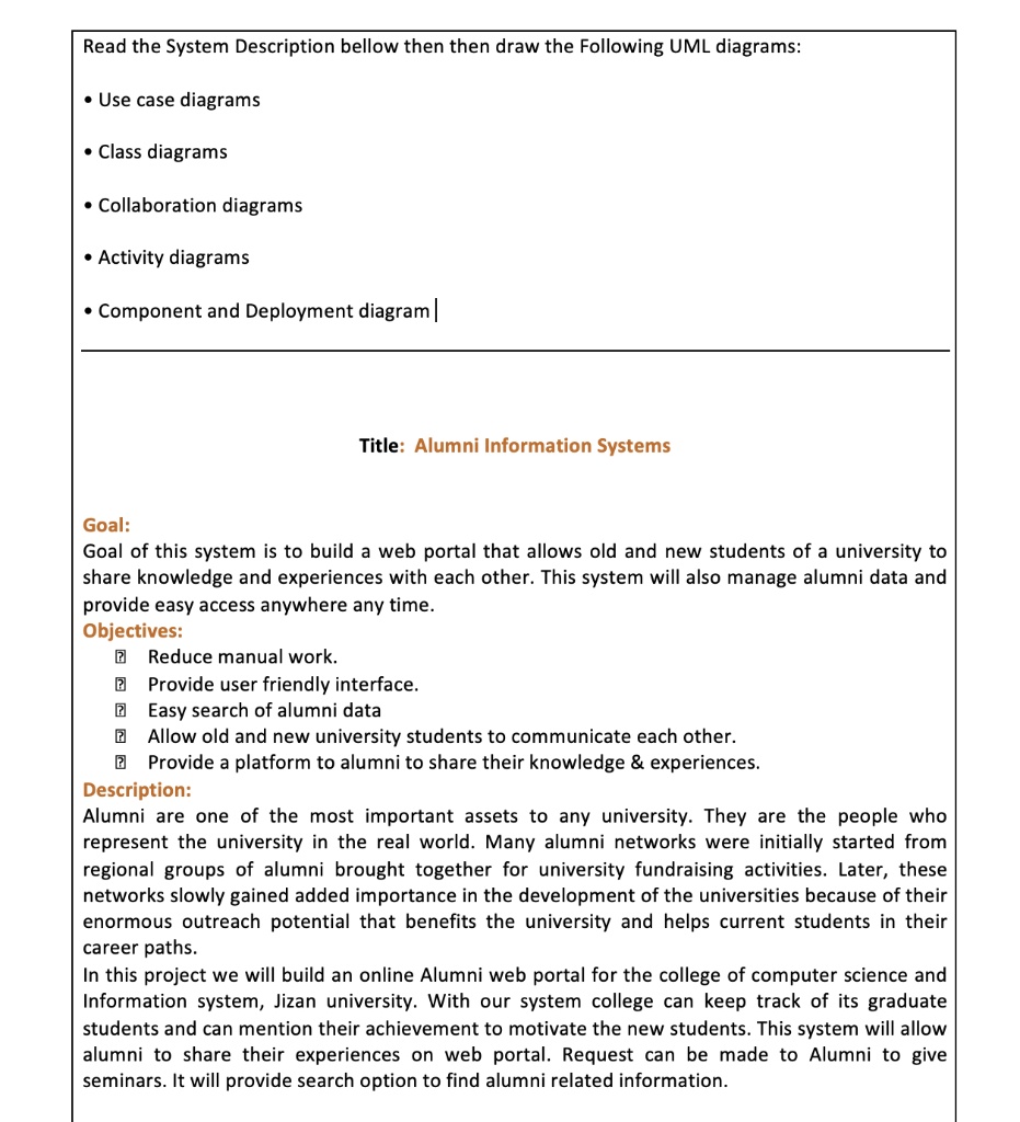 SOLVED: Read the System Description below then draw the Following UML ...