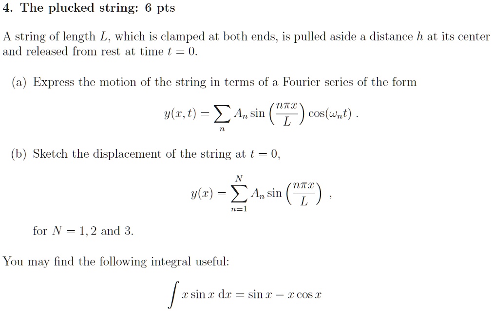 SOLVED: The plucked string: 6 pts A string of length L, which is clamped at both ends, is pulled ...