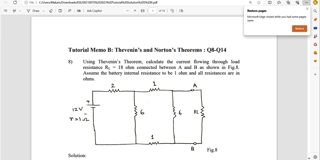 Tutorial Memo B Thevenins And Nortons Theorems Q8 Q14 8 Using Thevenins