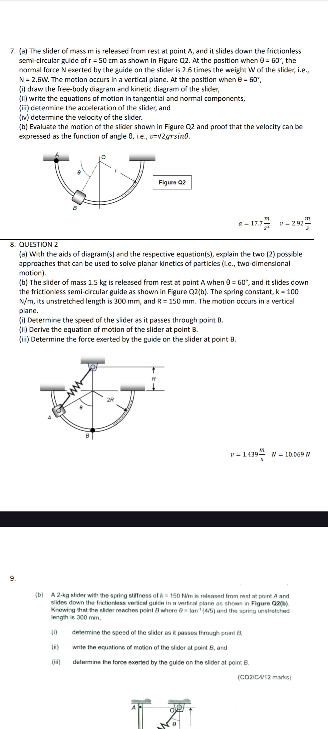 7. (a) The slider of mass m is released from rest at point A, and it slides down the ...